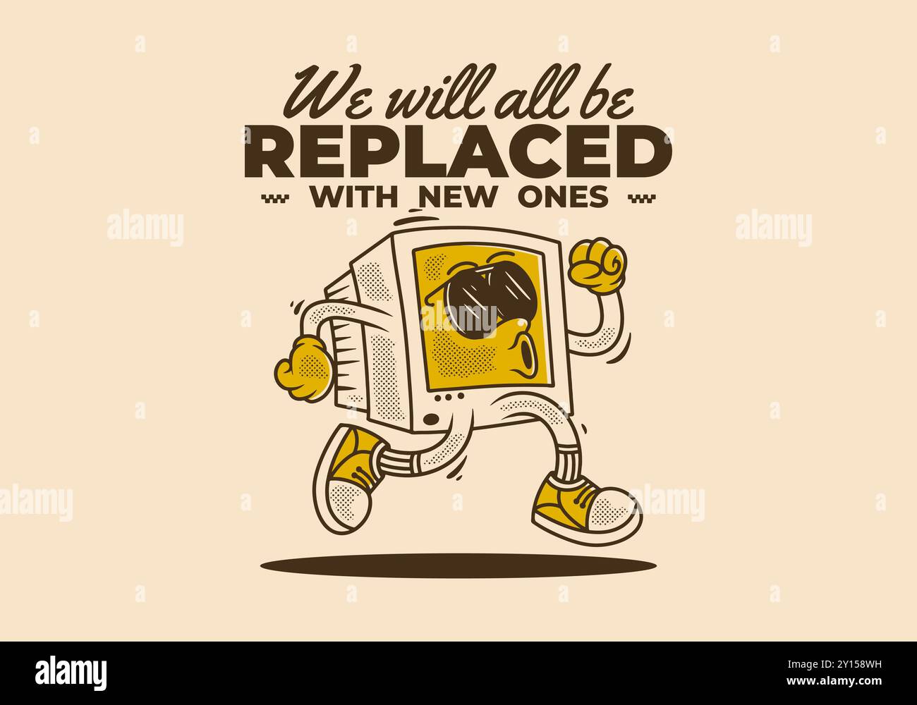 Computer monitor character illustration in running pose with retro ...