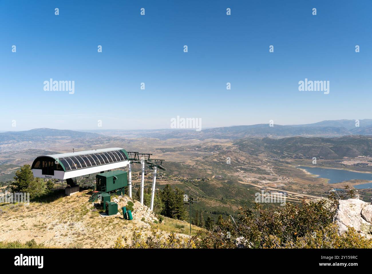 A green ski lift from atop Bald Mountain overlooking a valley at Deer ...