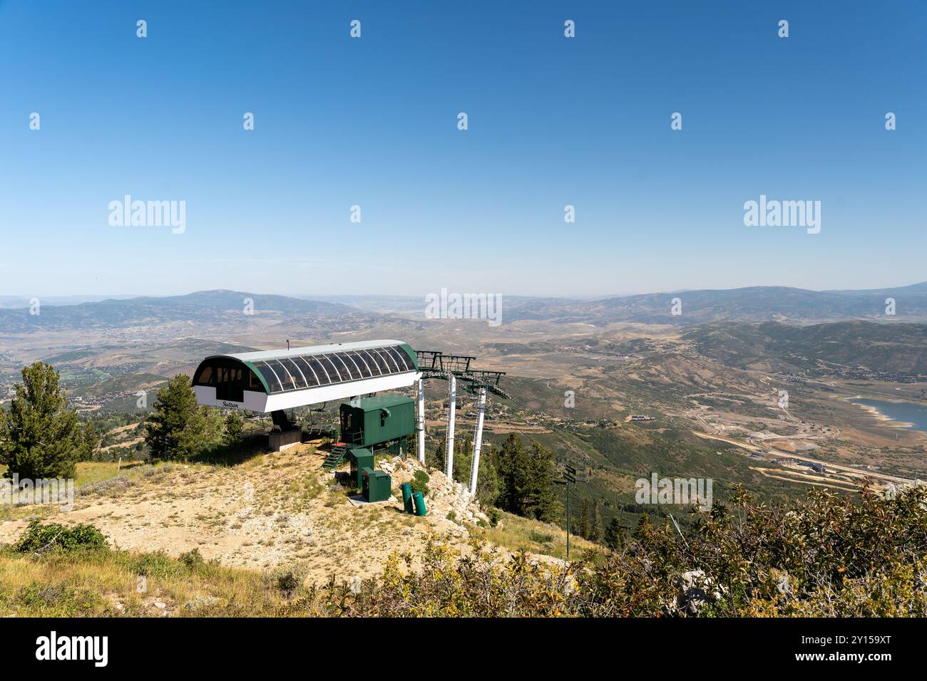 A green ski lift from atop Bald Mountain overlooking a valley at Deer ...