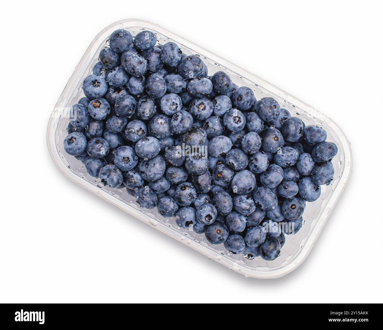 Top view transparent box with fresh blueberries isolated on white ...