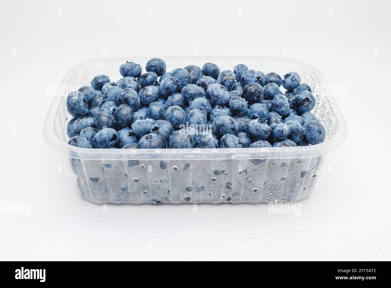 Transparent box with fresh blueberries isolated on white. Side view ...