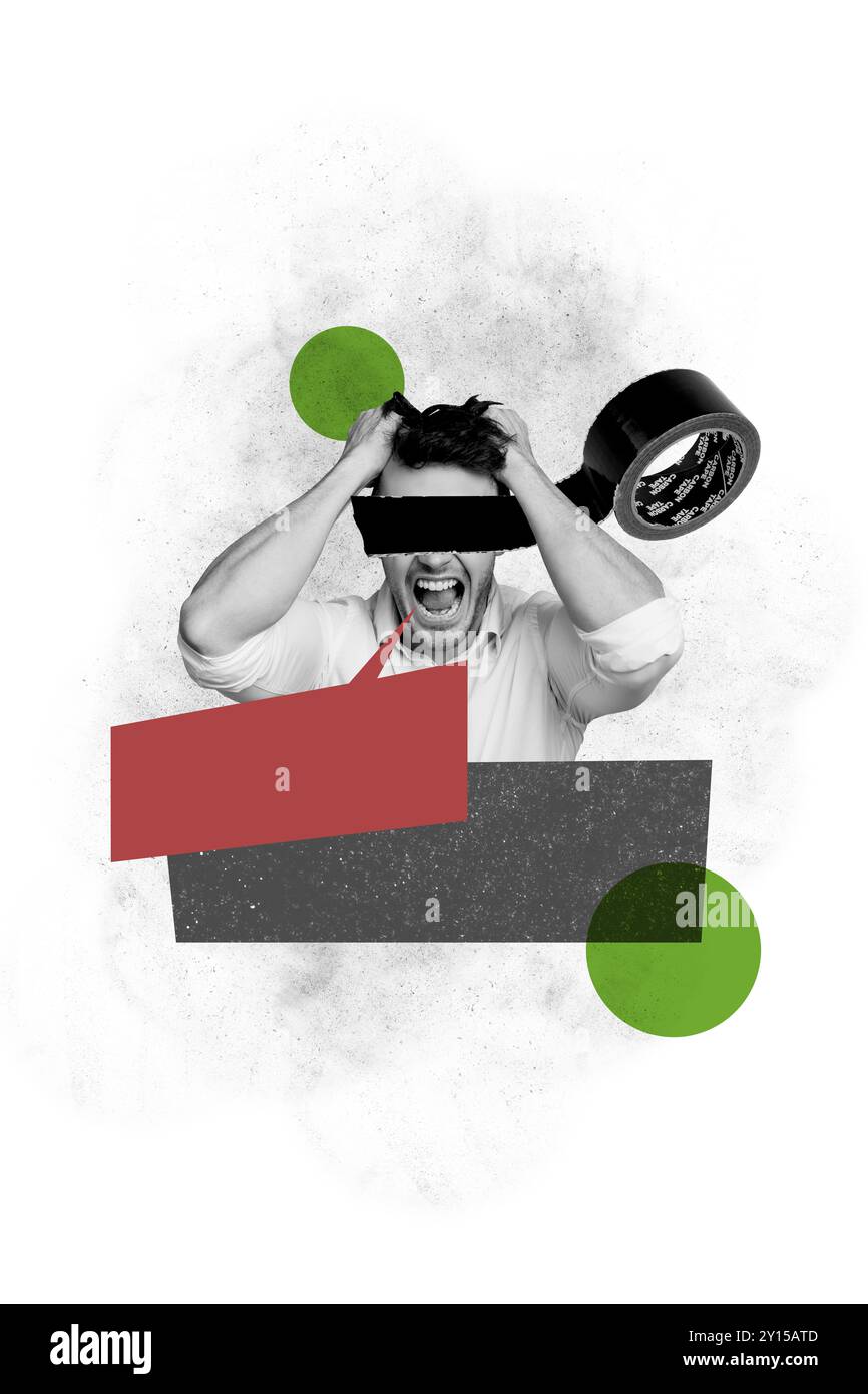 Vertical photo collage of scream kidnapped man taped eyes scotch roll ...