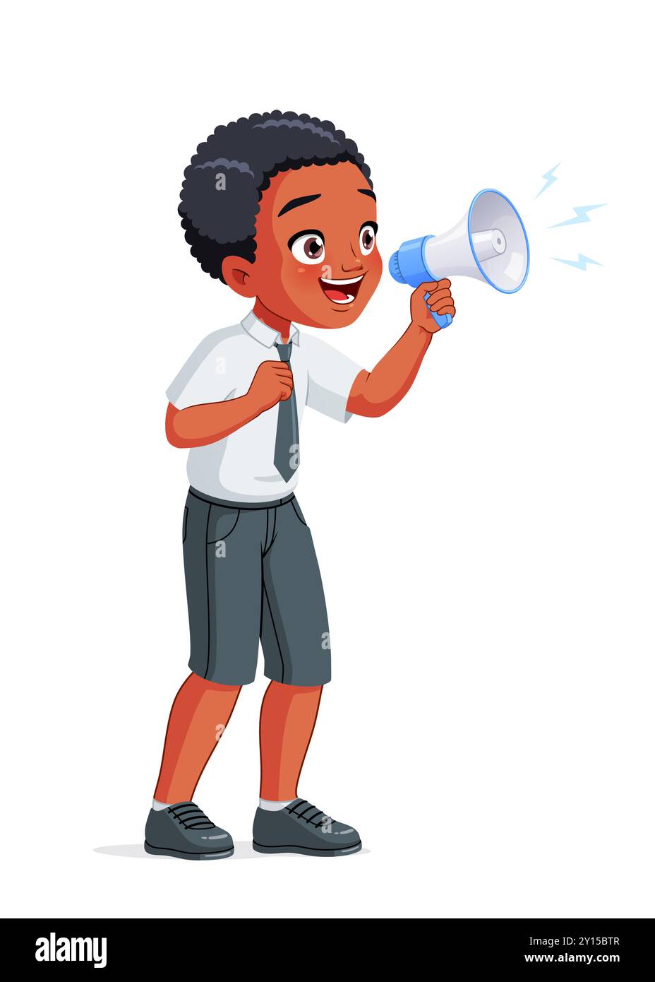 Young African American school boy with megaphone speaking or shouting ...