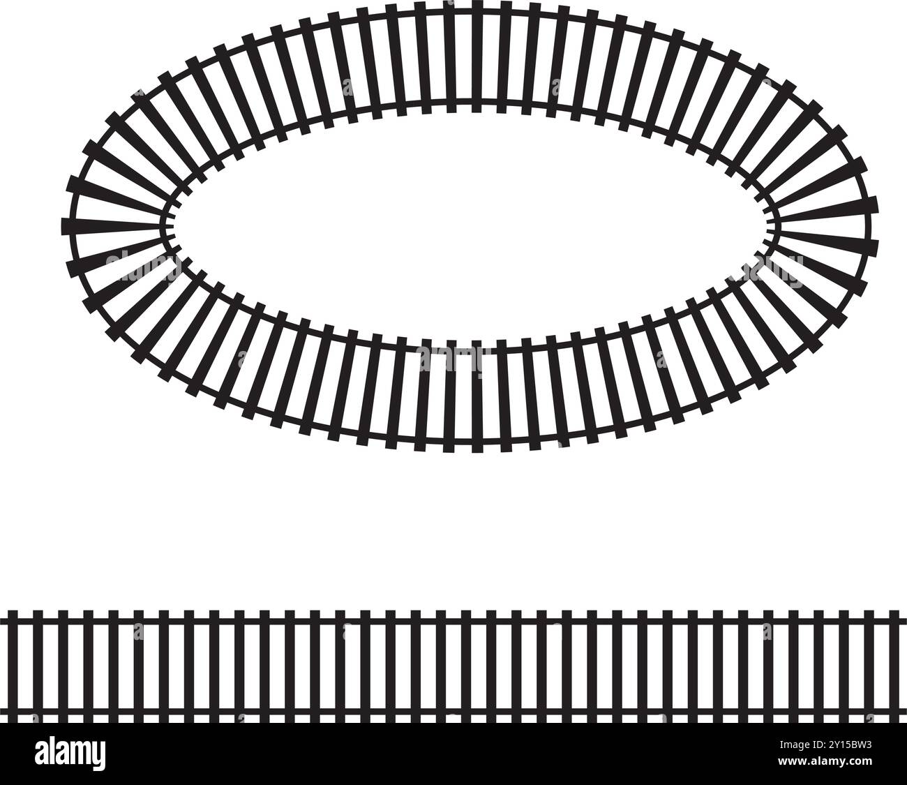 Railroad segments. Rail road elements top aerial view. Traintrack straight line and oval frame ...
