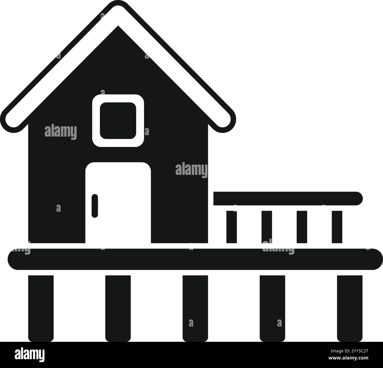 Simple vector icon of a small wooden hut standing on stilts over water ...