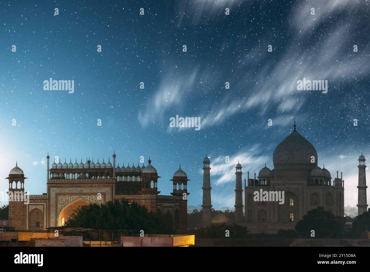 Taj Mahal In Agra, Uttar Pradesh, India. Night Starry sky above Taj ...