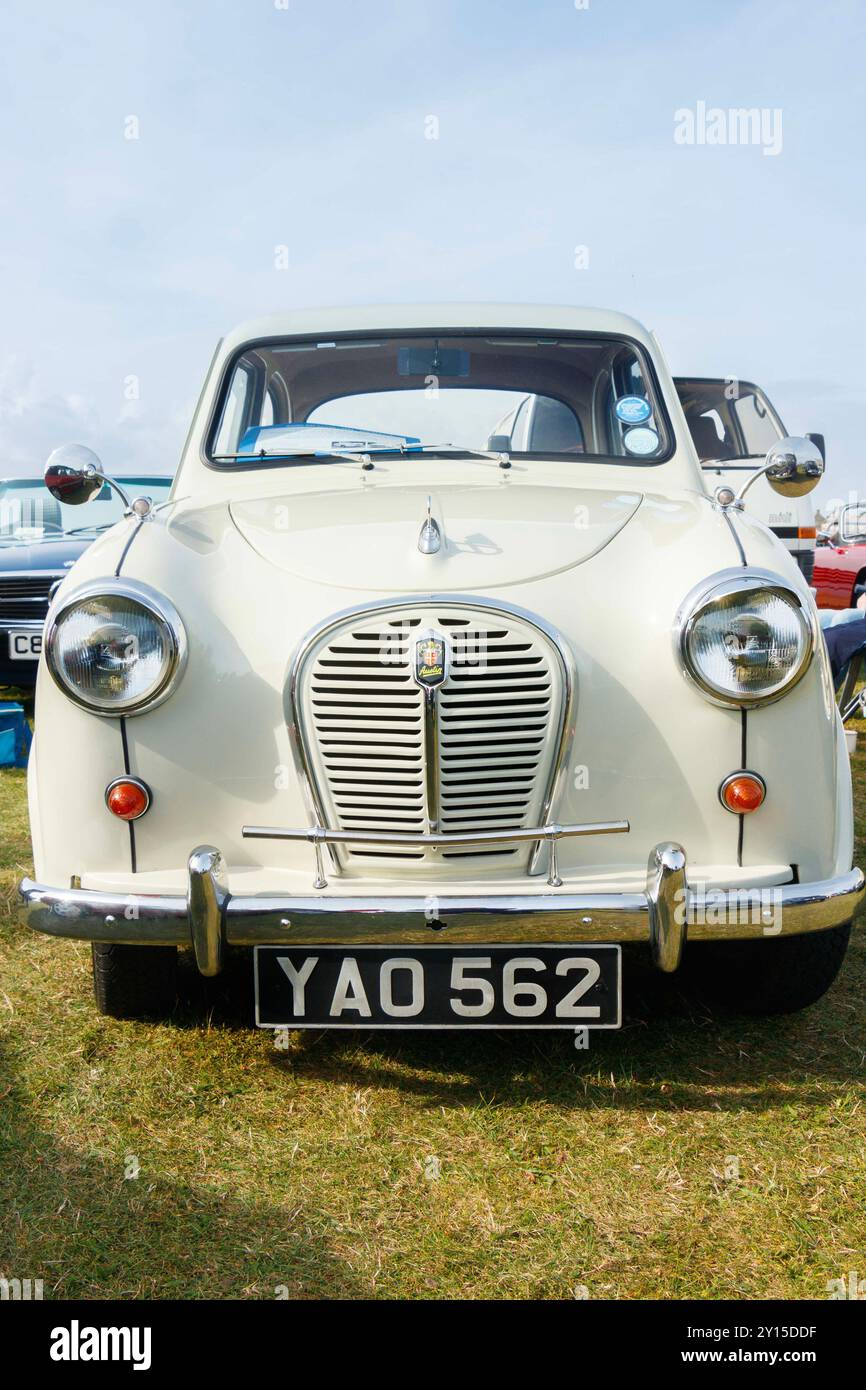 Front view of a classic white vintage Austin A35 car with the license ...