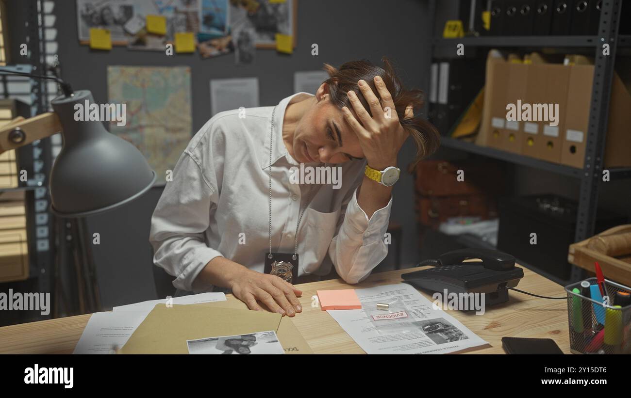 Stressed young woman detective analyzing evidence in a cluttered office ...