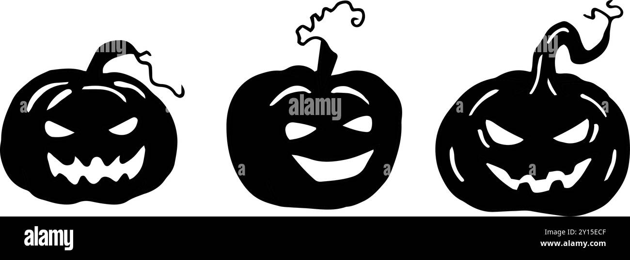 Set of pumpkins with faces. Black outline silhouette for Halloween ...