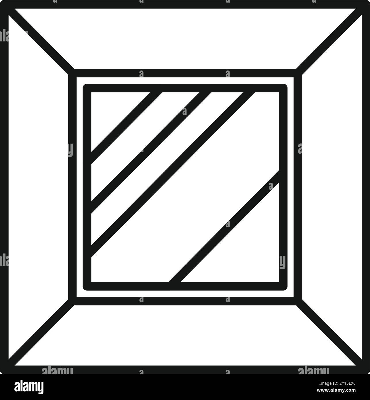 Square window frame with glass reflecting light in black and white line ...