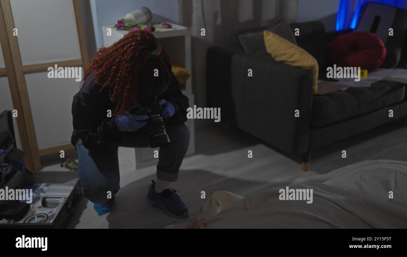 African american woman investigator capturing evidence with camera at ...