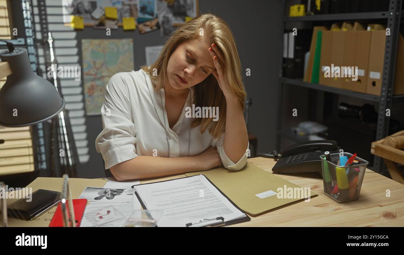 A stressed woman detective in an office, surrounded by files, evidence ...