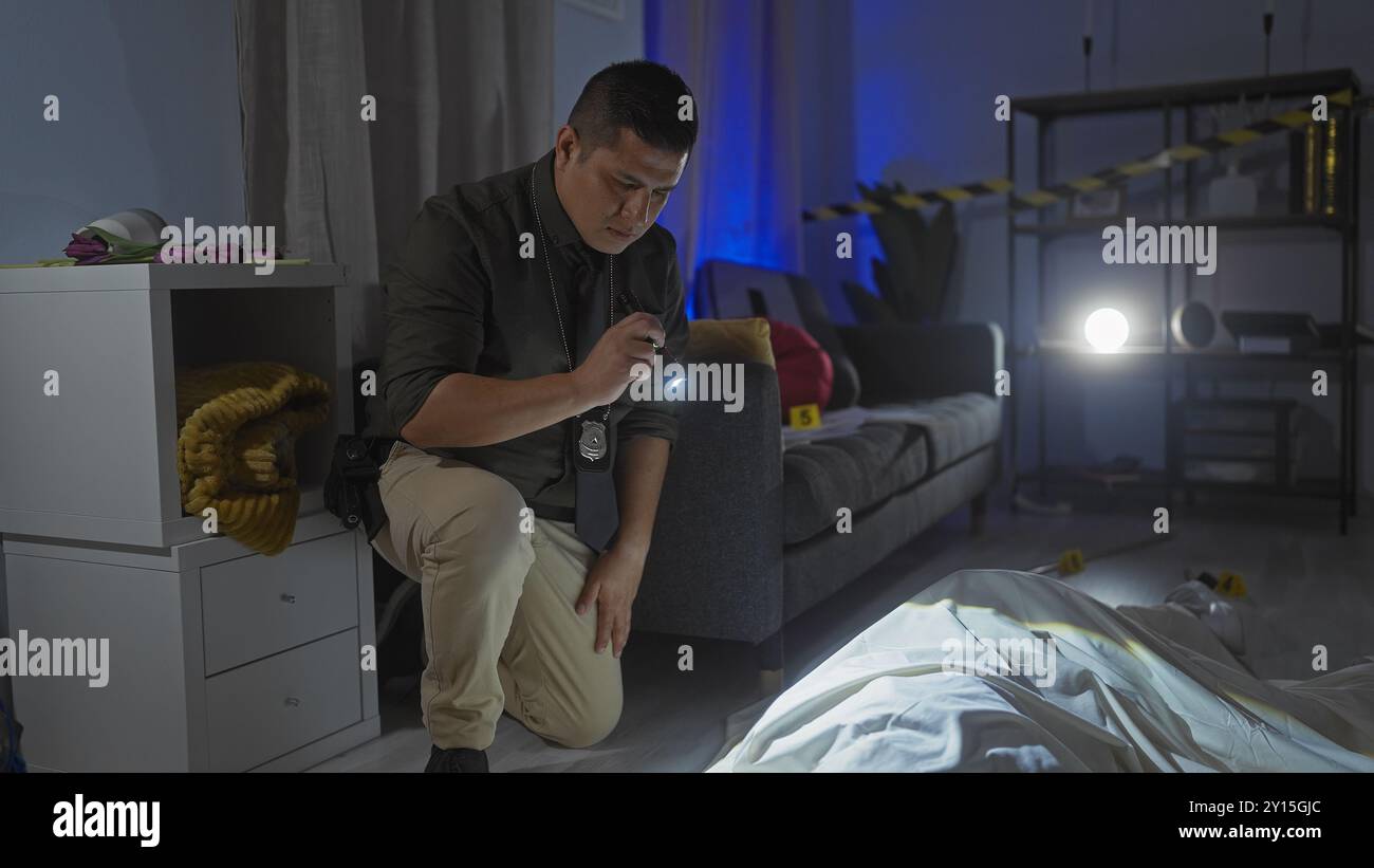 Hispanic detective man investigating a crime scene in a dimly lit ...