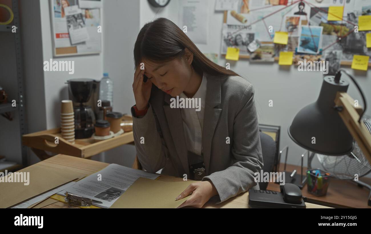 A young asian woman, looking stressed, works at a cluttered detective ...