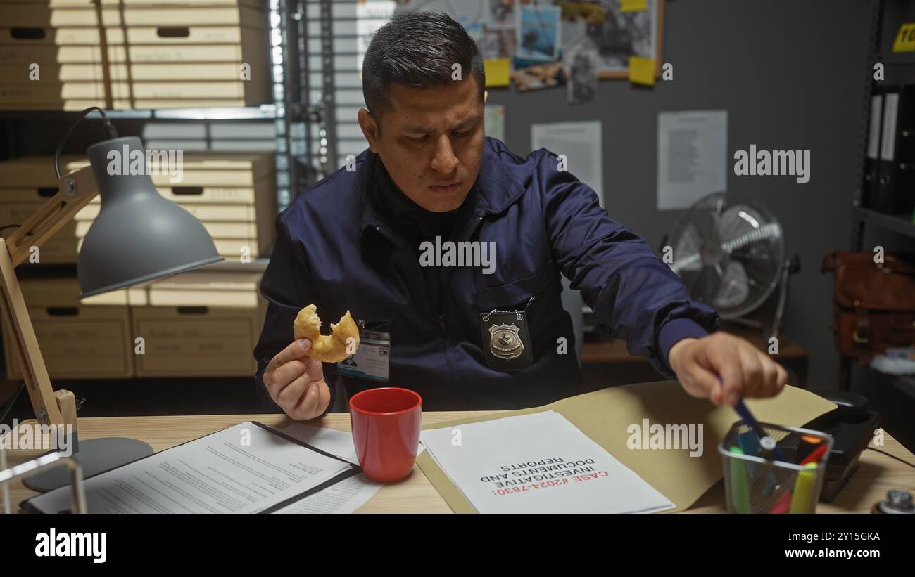 Hispanic police officer eating donut indoors at workstation with badge ...