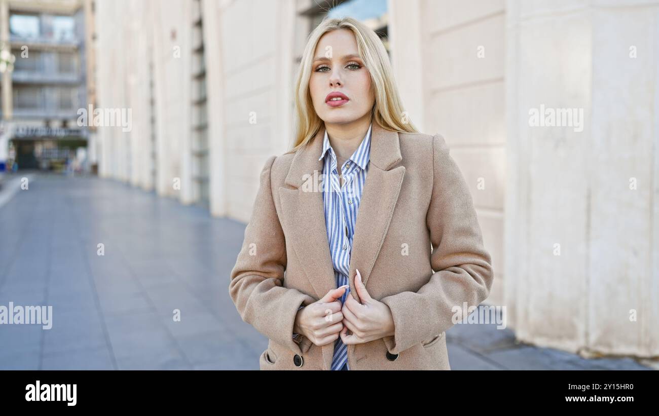A young blonde woman in a stylish coat poses on a city street, exuding ...