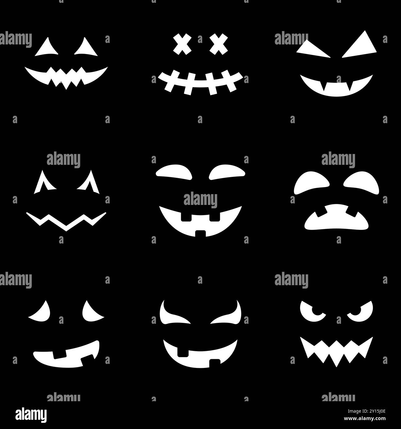 Scary and Funny Faces for Halloween Pumpkin Silhouette Icon on Black ...