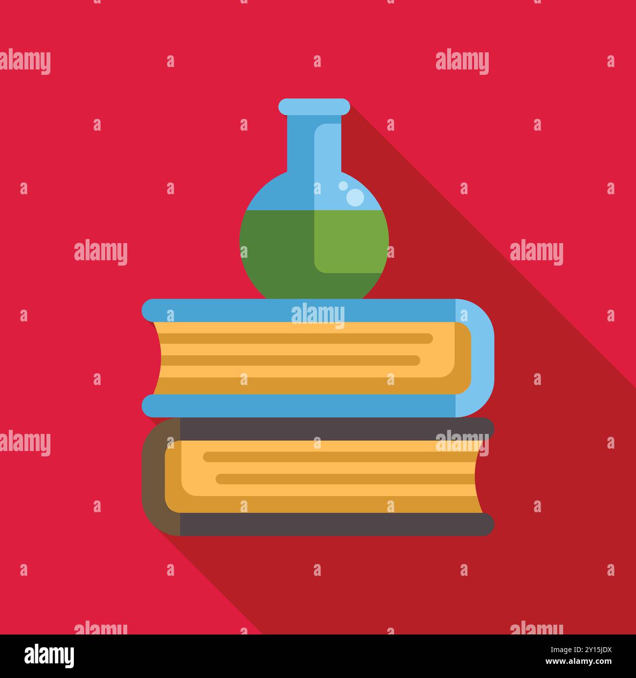 Round bottom flask with green chemical liquid standing on a stack of ...