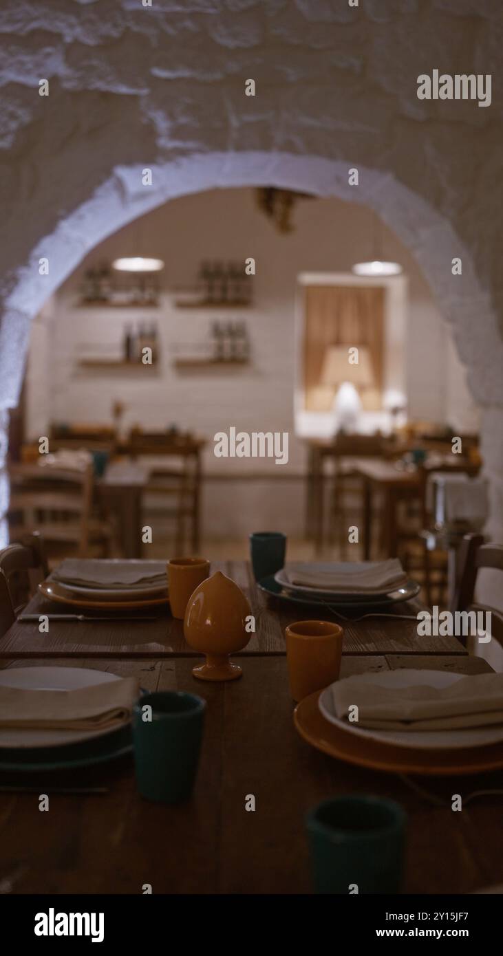 Rustic italian restaurant interior with cozy lighting, stone archway ...