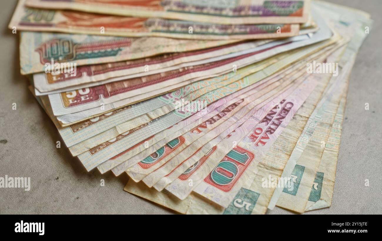 Egyptian banknotes of various denominations arranged on a concrete ...