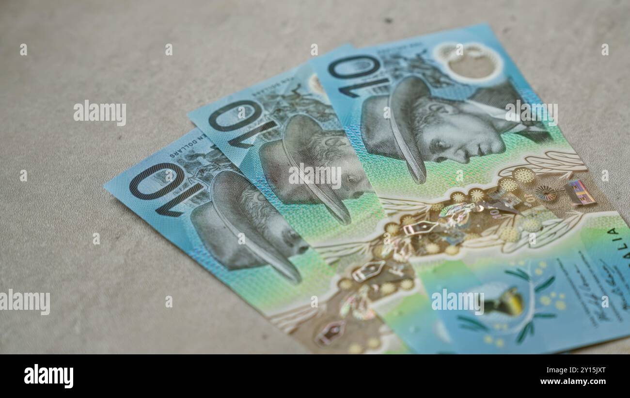 Australian banknotes placed on concrete surface illustrating money in ...