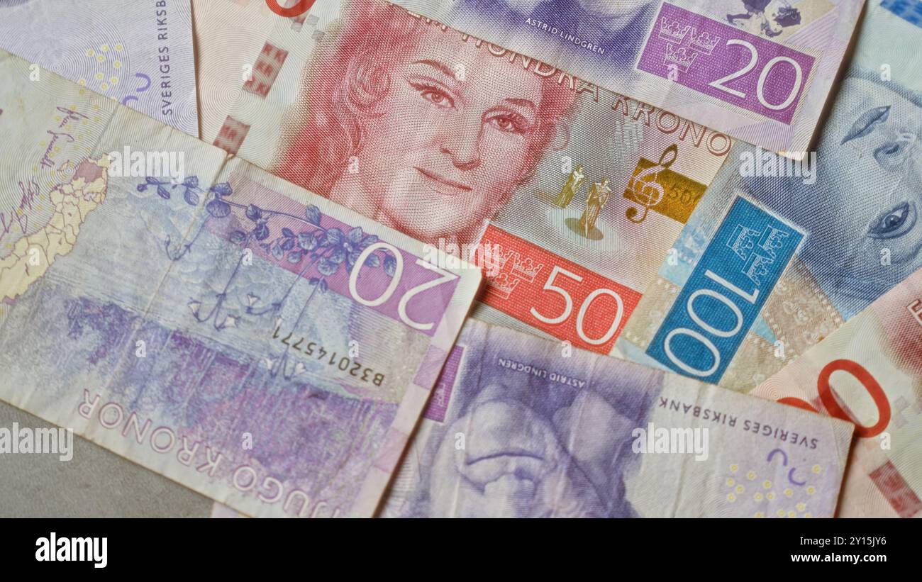 Swedish banknotes of krona in various denominations, including 20, 50 ...
