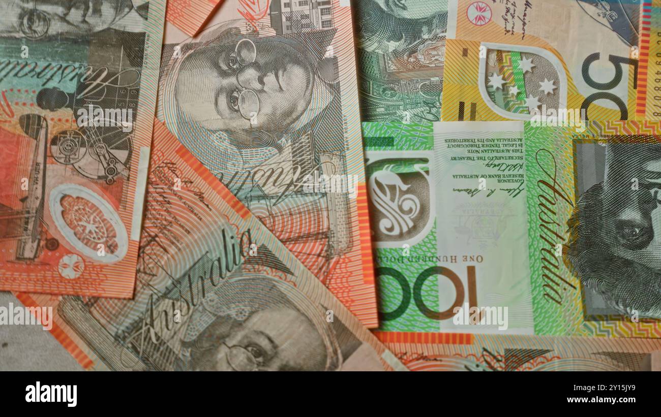 Australian banknotes featuring vibrant colors and various denominations ...