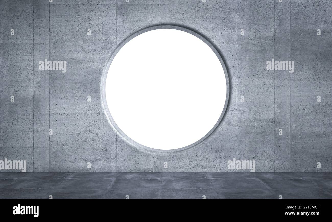 Bright circular window concrete wall modern room. 3d render Stock Photo ...