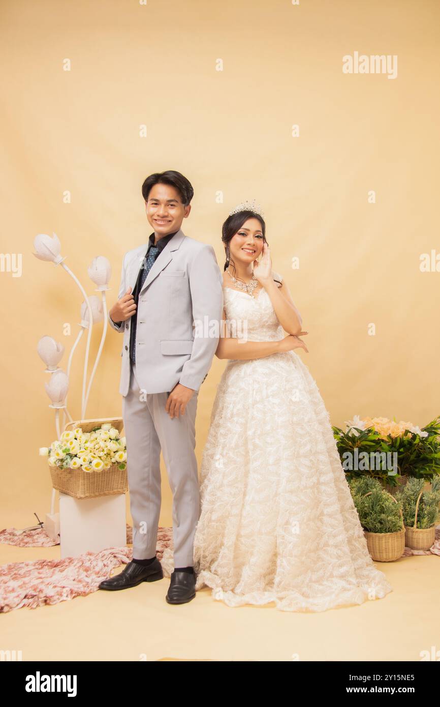 smile male and female couple expressions in formal poses standing ...