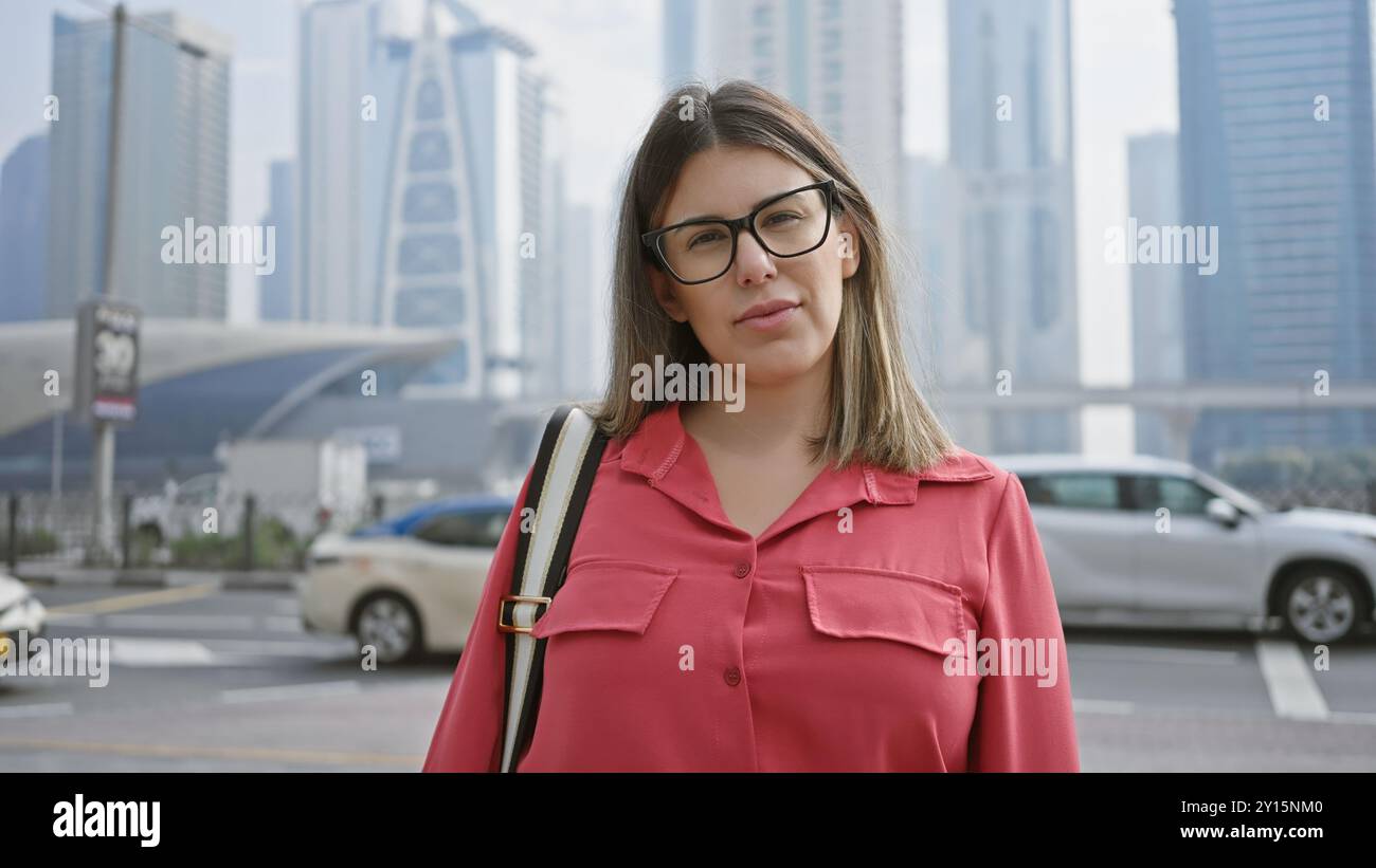 A young woman in glasses stands before modern dubai skyscrapers ...
