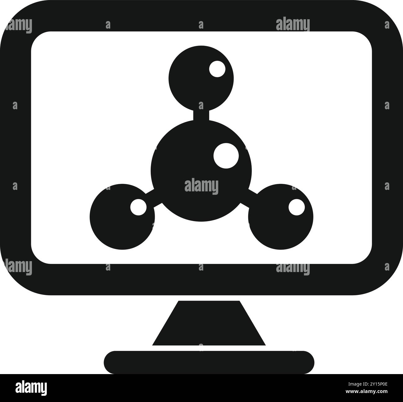 Simple black and white vector showing a computer monitor displaying a molecular structure ...