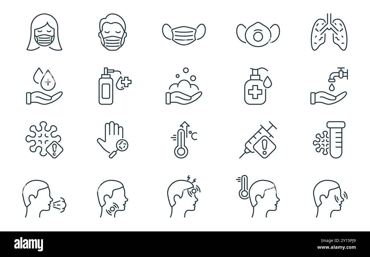 Coronavirus and Flu Linear Icon Set. Coronavirus Symptoms, Safety, Mask ...