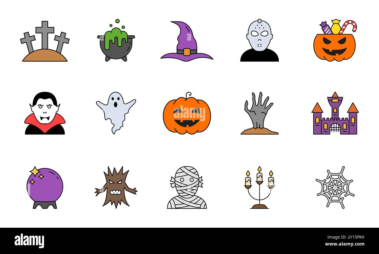 Set of Halloween Colorful Flat Icon. Spooky Horror Icons. Pumpkin ...