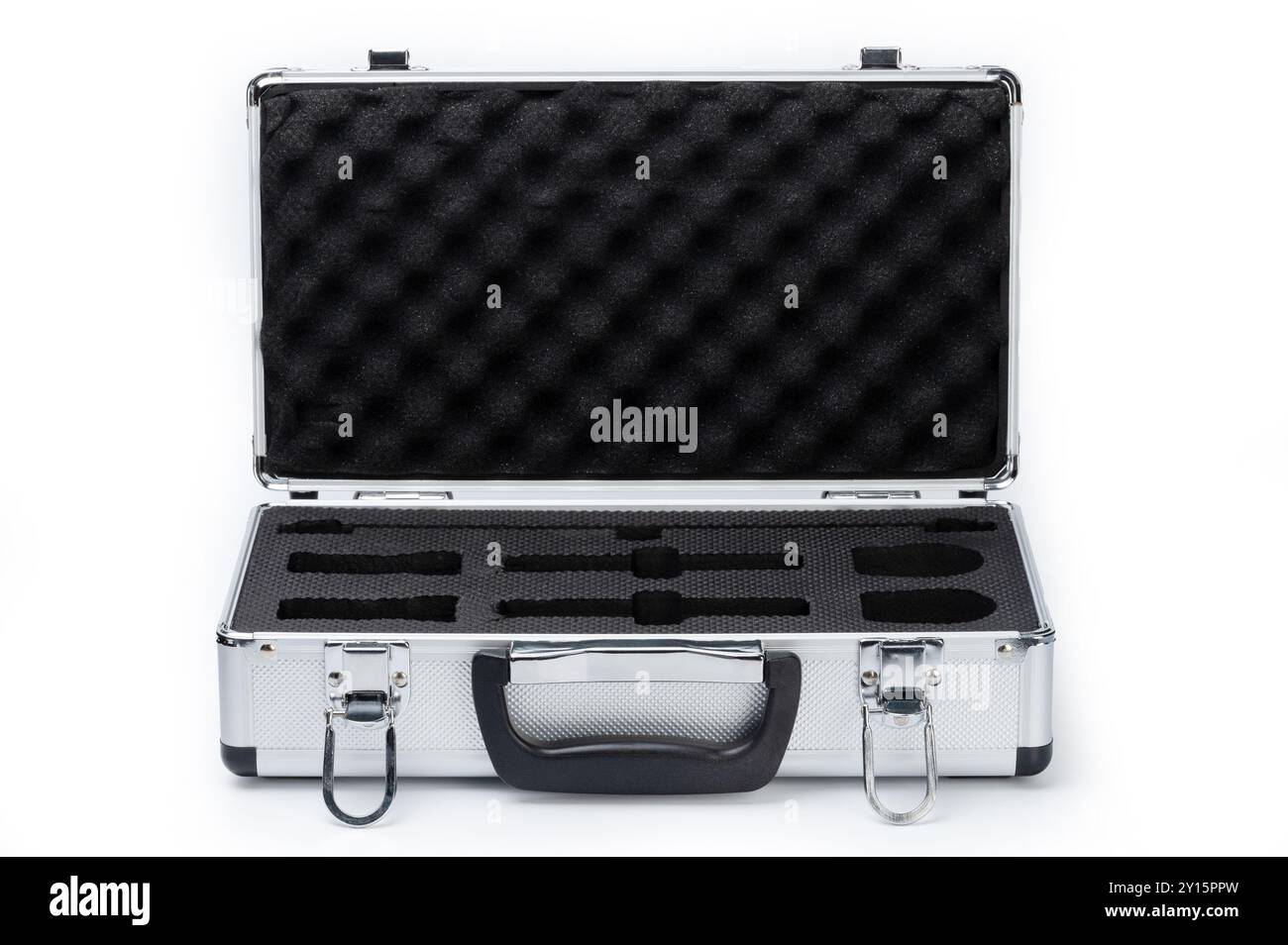 Front view of open metal suitcase isolated on white studio background ...