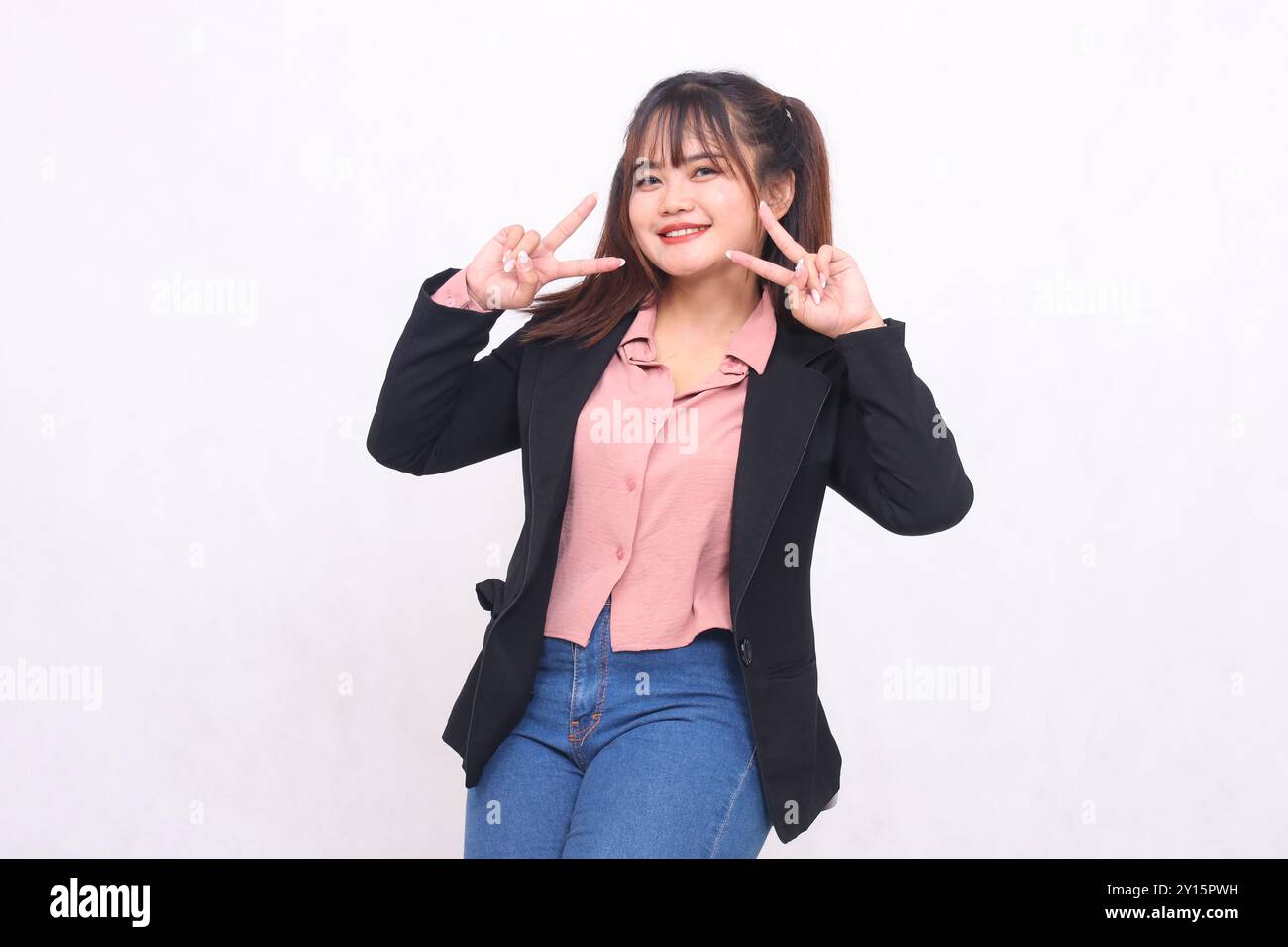 Beautiful Asian businesswoman in suit smile hand peace sign white ...
