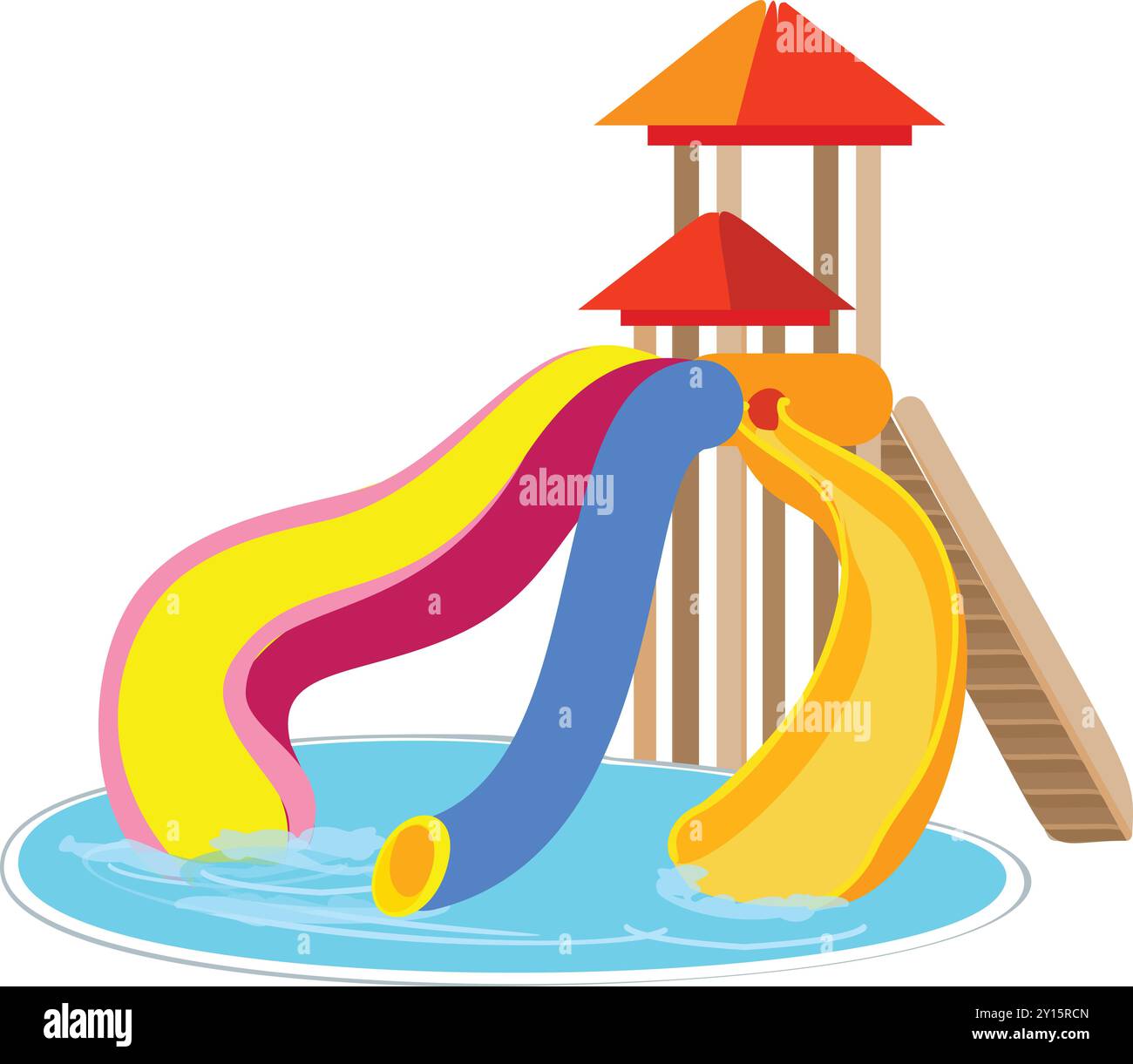 Three colorful water slides making big splashes as they empty into a ...
