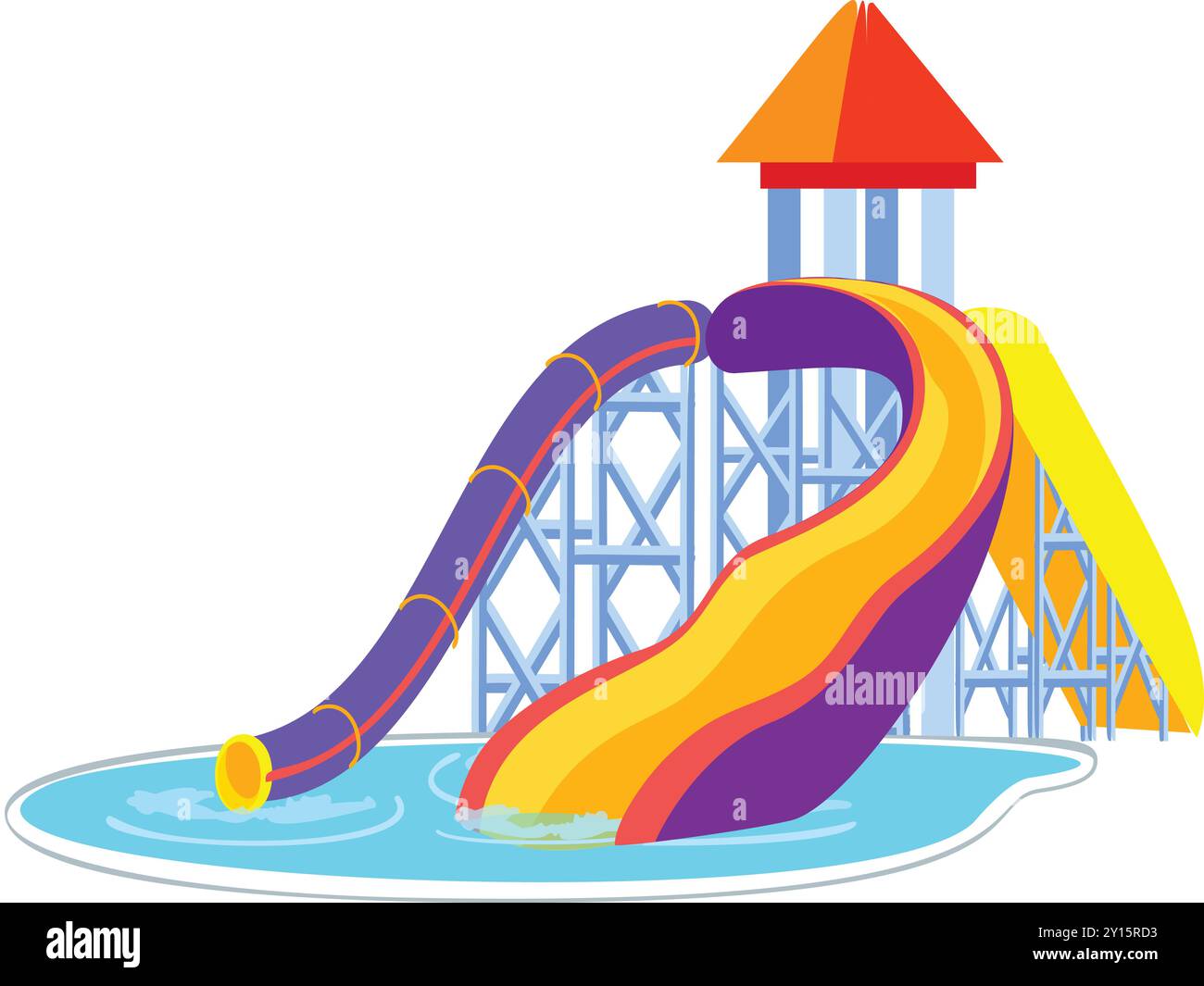Colorful water slides of different shapes going down into a swimming ...