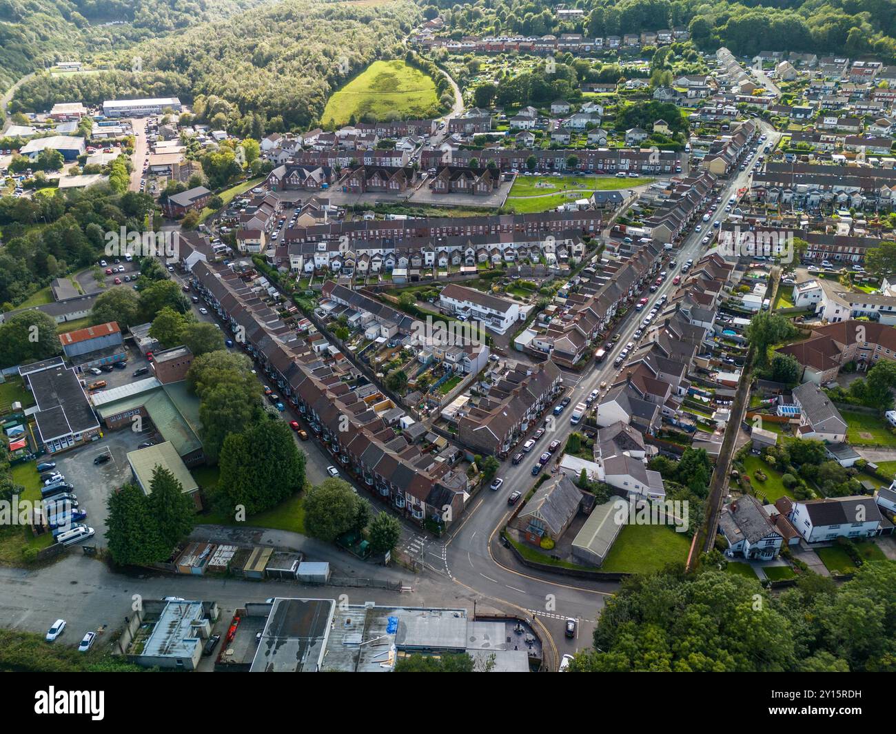 Aerial view of a typical welsh village, with rows of houses lining the ...
