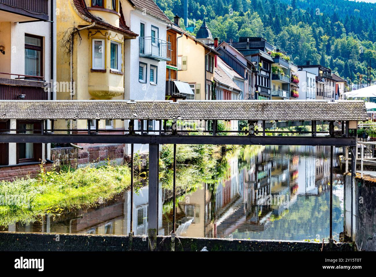 scenic City centre of Bad Wildbad in the Black Forest with river Enz ...