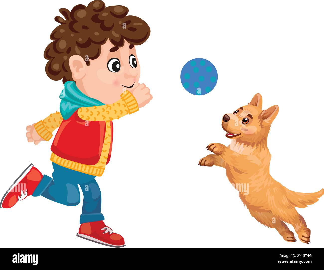 Happy boy throwing blue ball to jumping brown dog outdoors Stock Vector ...