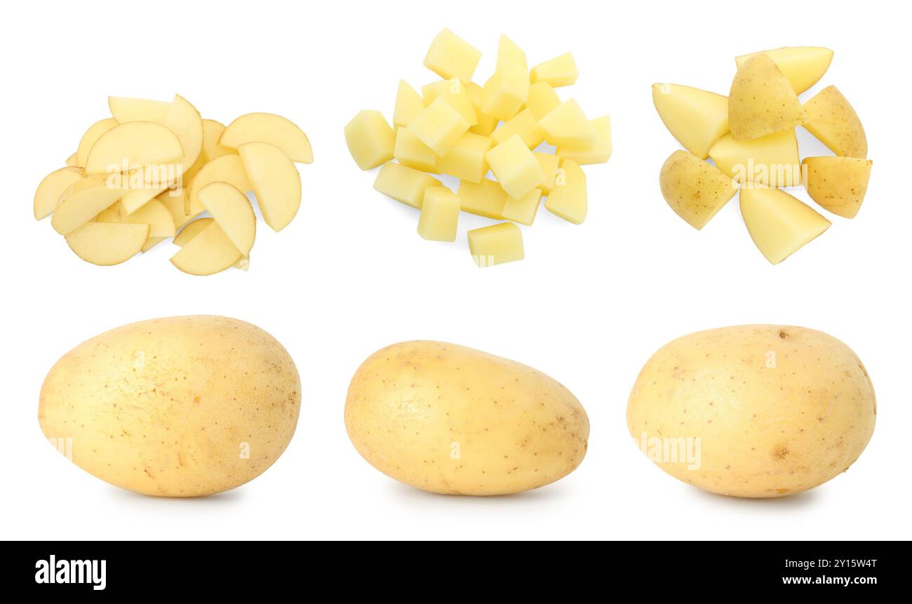 Fresh potatoes isolated on white, set. Sliced in different ways and ...
