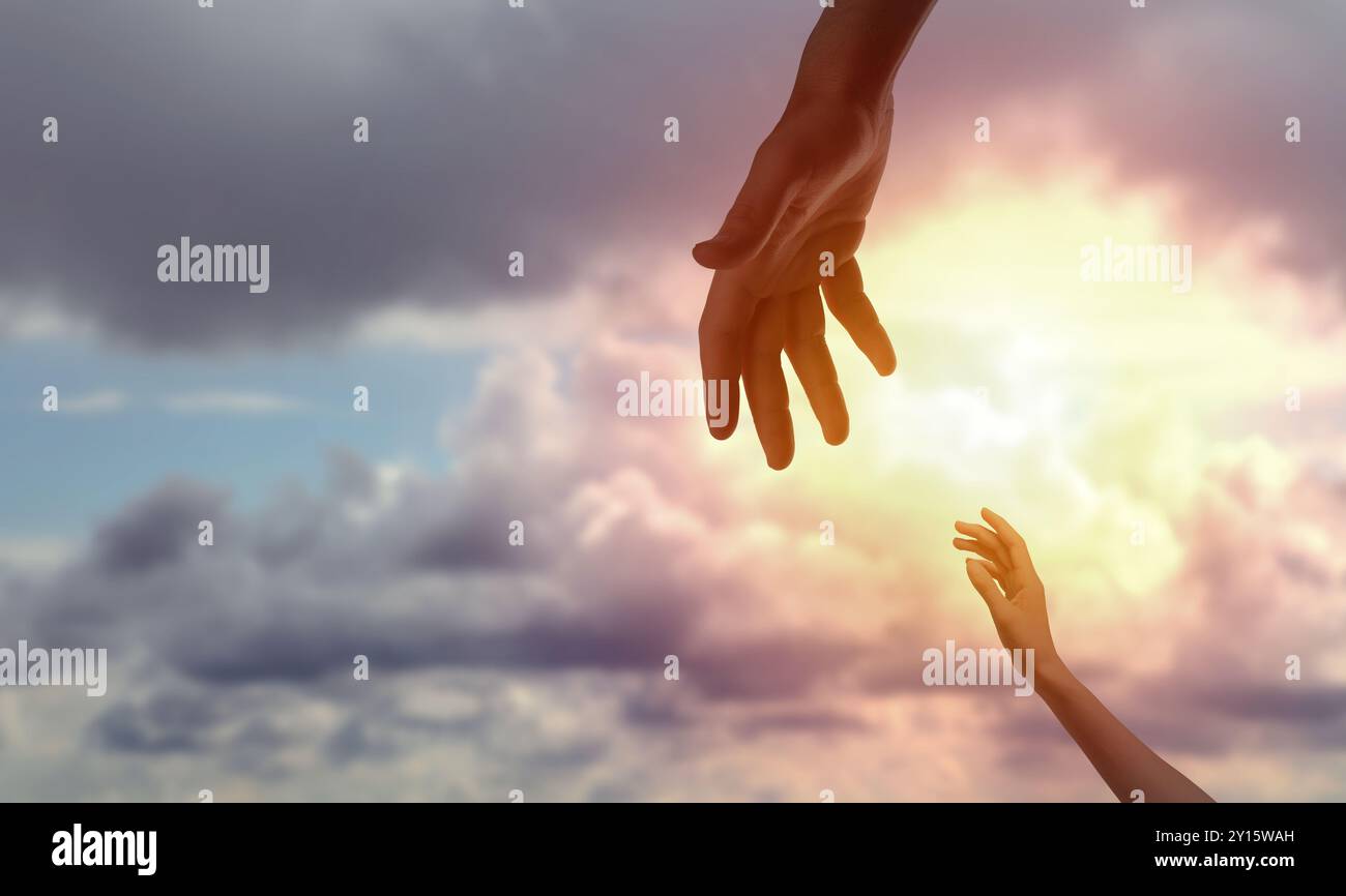 God's help and support. Human reaching for hand from heaven Stock Photo ...