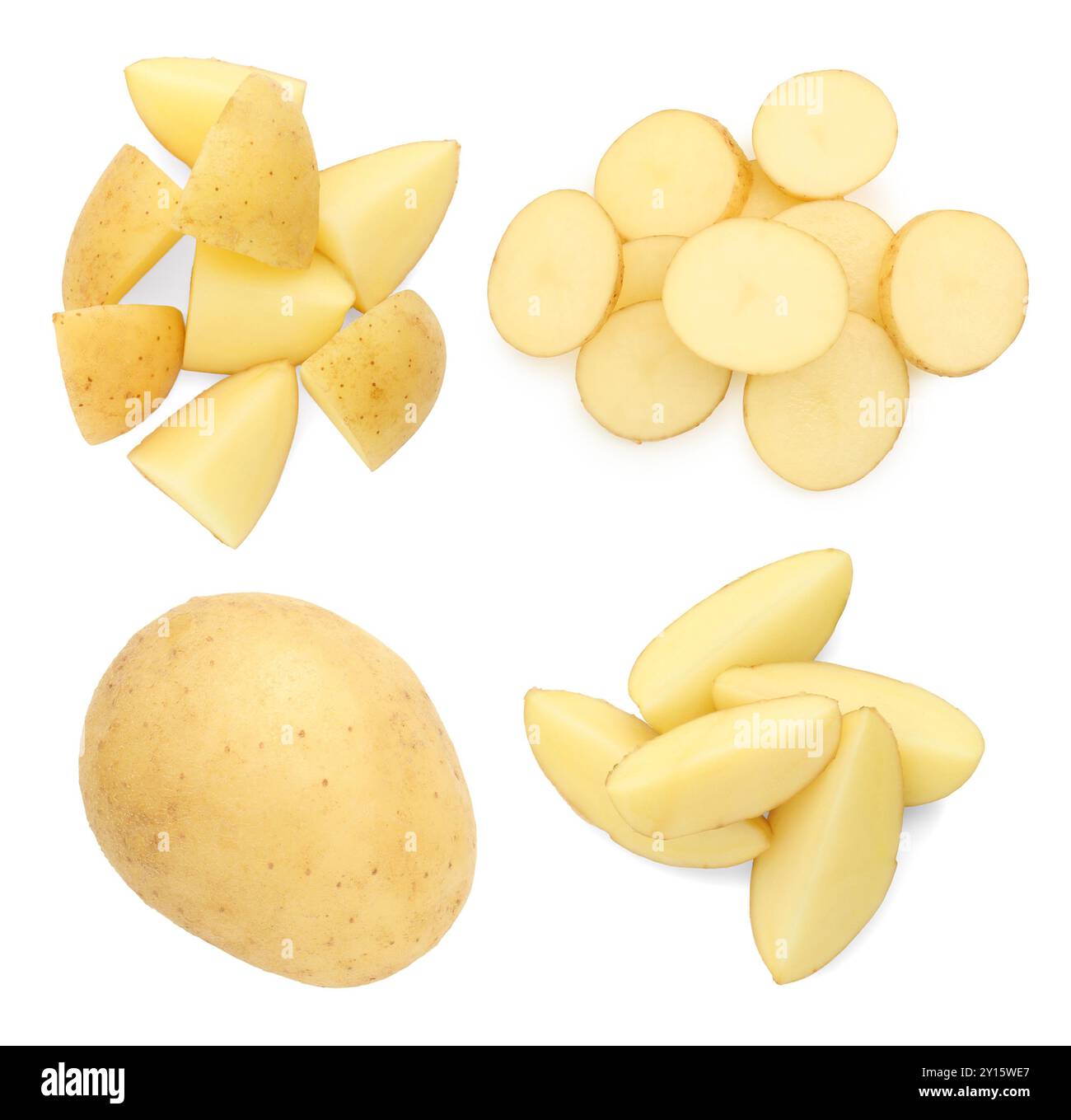 Fresh potatoes isolated on white, set. Different types of cuts and ...