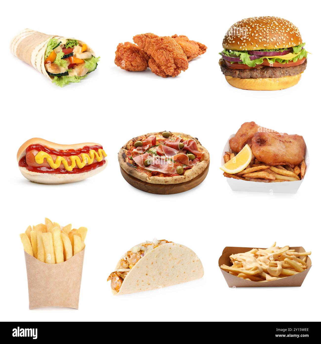 Different tasty fast food isolated on white, collection Stock Photo - Alamy