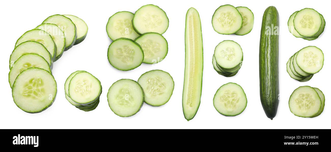 Fresh whole and sliced cucumbers isolated on white, collage Stock Photo ...