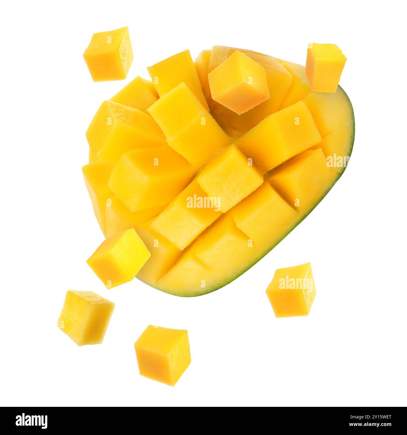 Sweet fresh mango cut in cubes flying on white background Stock Photo ...