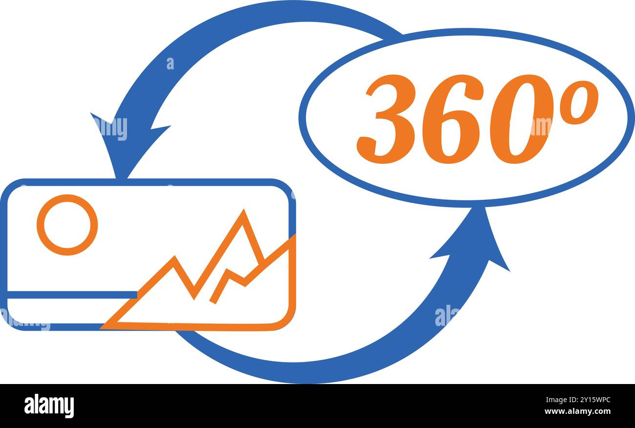 Blue arrows rotating 360 degrees around an image with mountains and sun ...