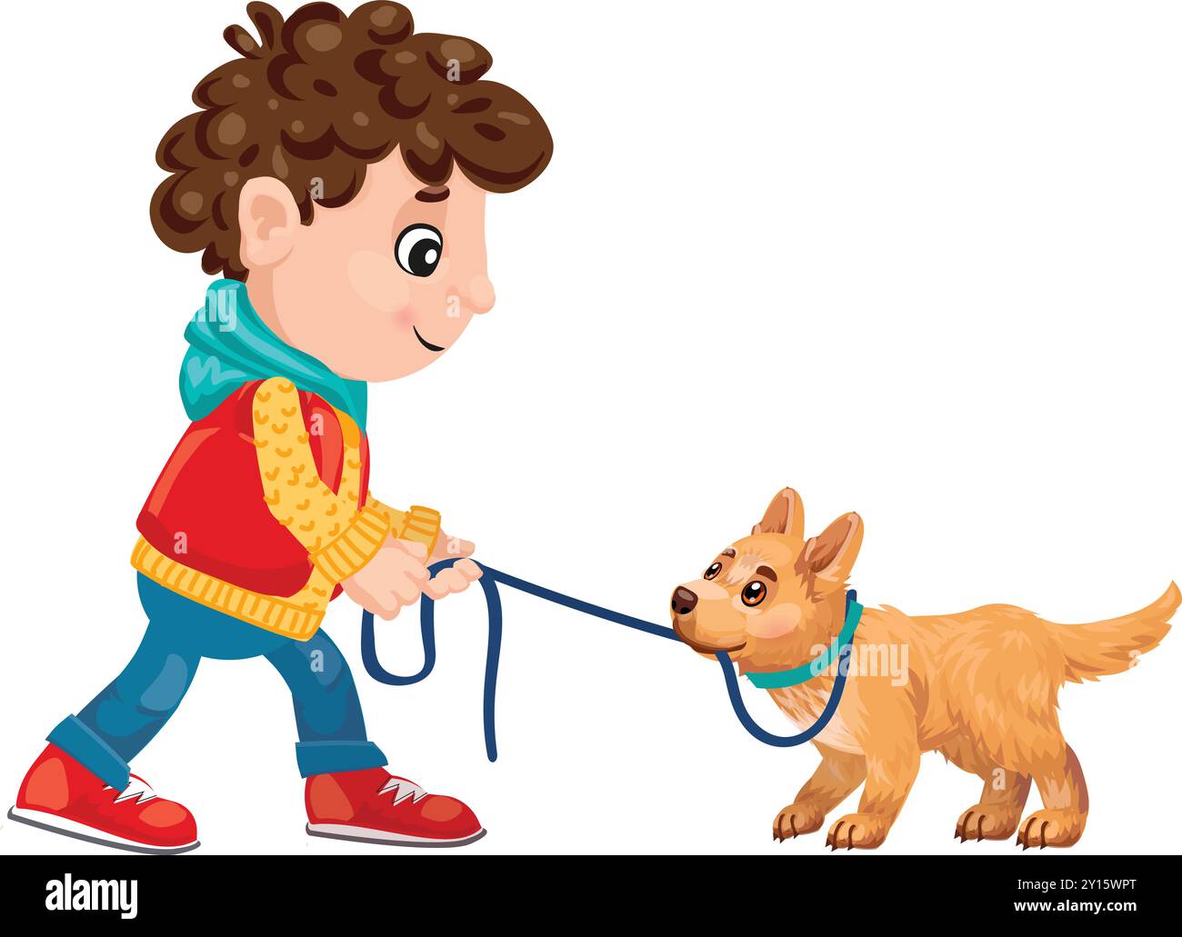 Cartoon illustration of a young boy pulling on a dog leash with a puppy ...