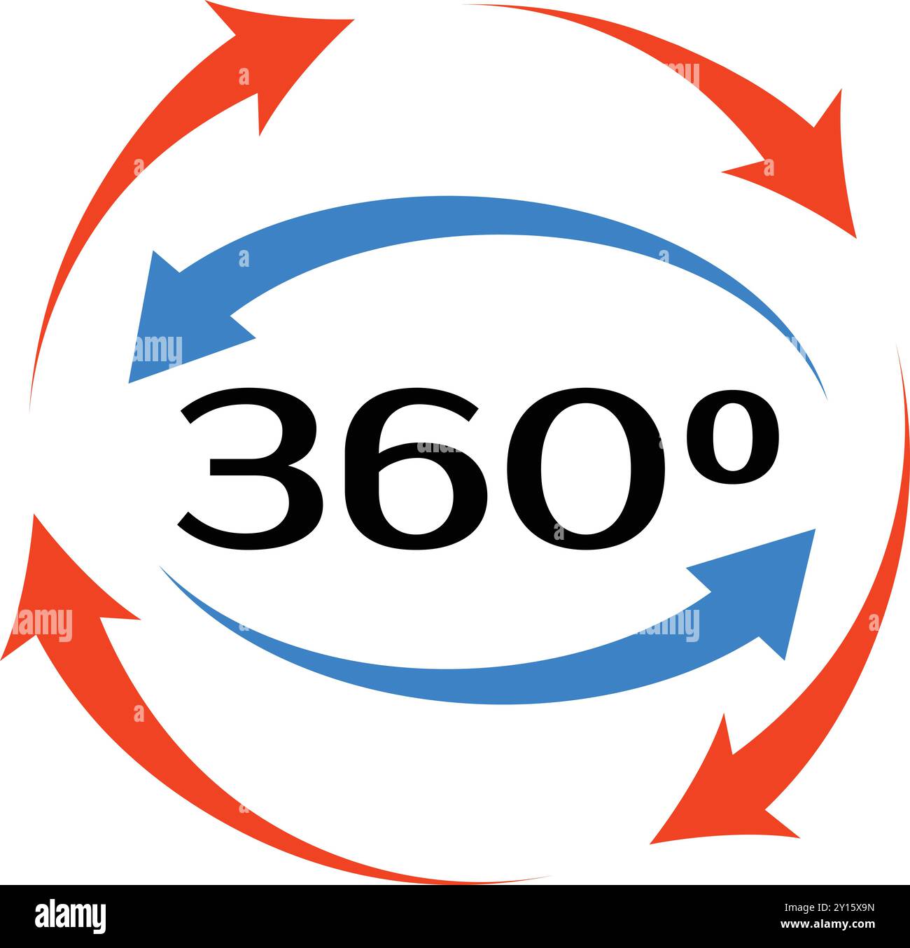 Blue and red arrows turning around number 360, symbolizing full ...