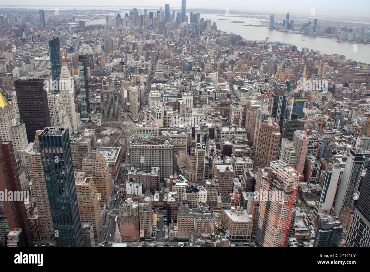 Aerial view of Manhattan in New York City showing the classic high rise ...